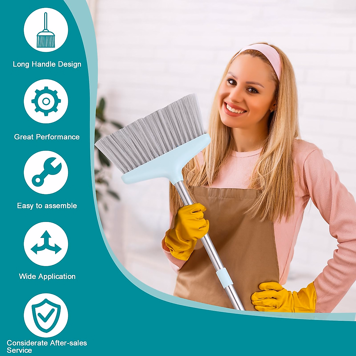 XXFLOWER Broom and Dustpan Set for Home, Broom and Dustpan Set with Long Handle 55", Broom with Dustpan Combo Set, Standing Broom and Dust Pan Set for Kitchen Office Lobby Floor, Bluish Green