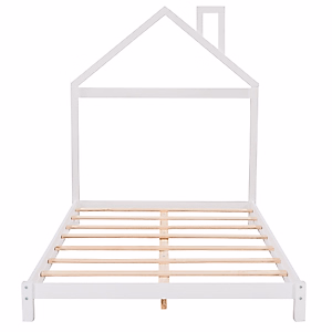 Full Size House Platform Bed Frame Mattress Foundation with Headboard/No Box Spring Needed/Easy Assembly, White