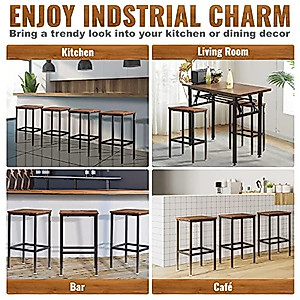 VEVOR Rustic Bar Stools, 25.6” Tall Rectangle Seat, Set of 2 Bar Chairs with Footrest Steel Frame Adjustable Feet, Wooden Industrial Kitchen Stool for Kitchen Dining Living Room, Rustic Brown