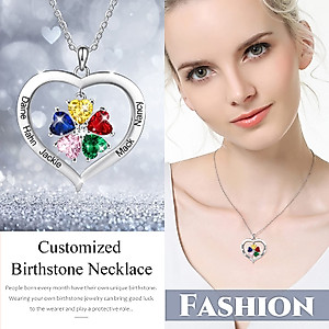 Personalized Name Necklace for Mother Daughter - Custom 1-8 Birthstone Necklace for Mothers Day Gifts - Heart Name Necklace for Women Family Mom Grandmother Necklace (5 Birthstones, Necklace-1)