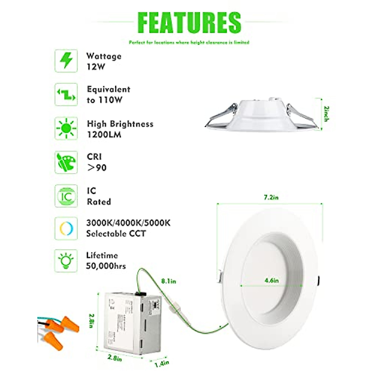 12 Pack LED Recessed Lighting 6 Inch, 3000K/4000K/5000K Selectable Canless 6 inch led recessed light, Dimmable 6in Recessed Lighting LED,12W 1200LM (110W Eqv.) CRI90 Wafer Lights 6 inch -IC Rated