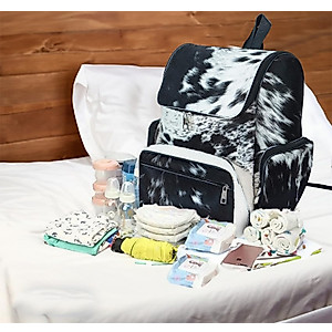 LP-FACON Cowhide Hair Western Leather Cow Skin Print Fur Leather Diaper Backpack Rucksack / Knapsack Travel Shoulder Bag Black & White