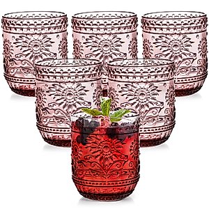 Hacaroa 6 Pack 12 Oz Drinking Glasses, Vintage Water Glasses Purple Colored Glassware Heavy Duty, Decorative Floral Embossed Beverages Tumblers for Whiskey, Beer, Juice, Wine