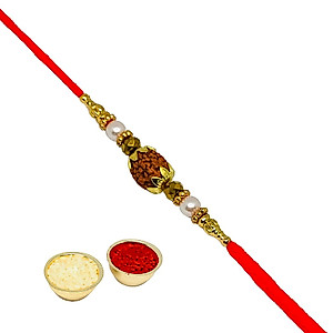 KHANDEKAR Set of 3 Pc Single Rudraksha Rakhi for Brother Bhaiya Bhabhi Traditional Handmade Premium Quality Designer Rakhi Set with Roli Chawal, Rakhi Thread Rakhdi Bracelets