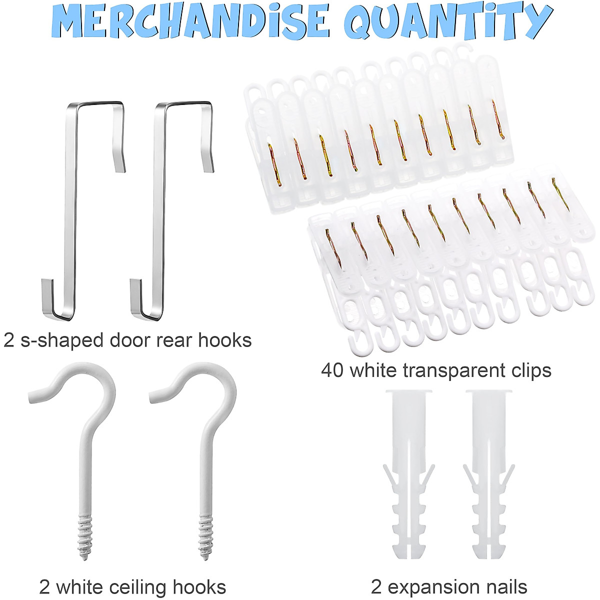 Yalikop 2 Pieces Stuffed Animals Storage Chain Toy Chain Organizer with 40 Pieces Plastic Clips, 2 Pieces Ceiling Hook and Door Hook for Hanging Plush Toys Hats Socks Holiday Cards