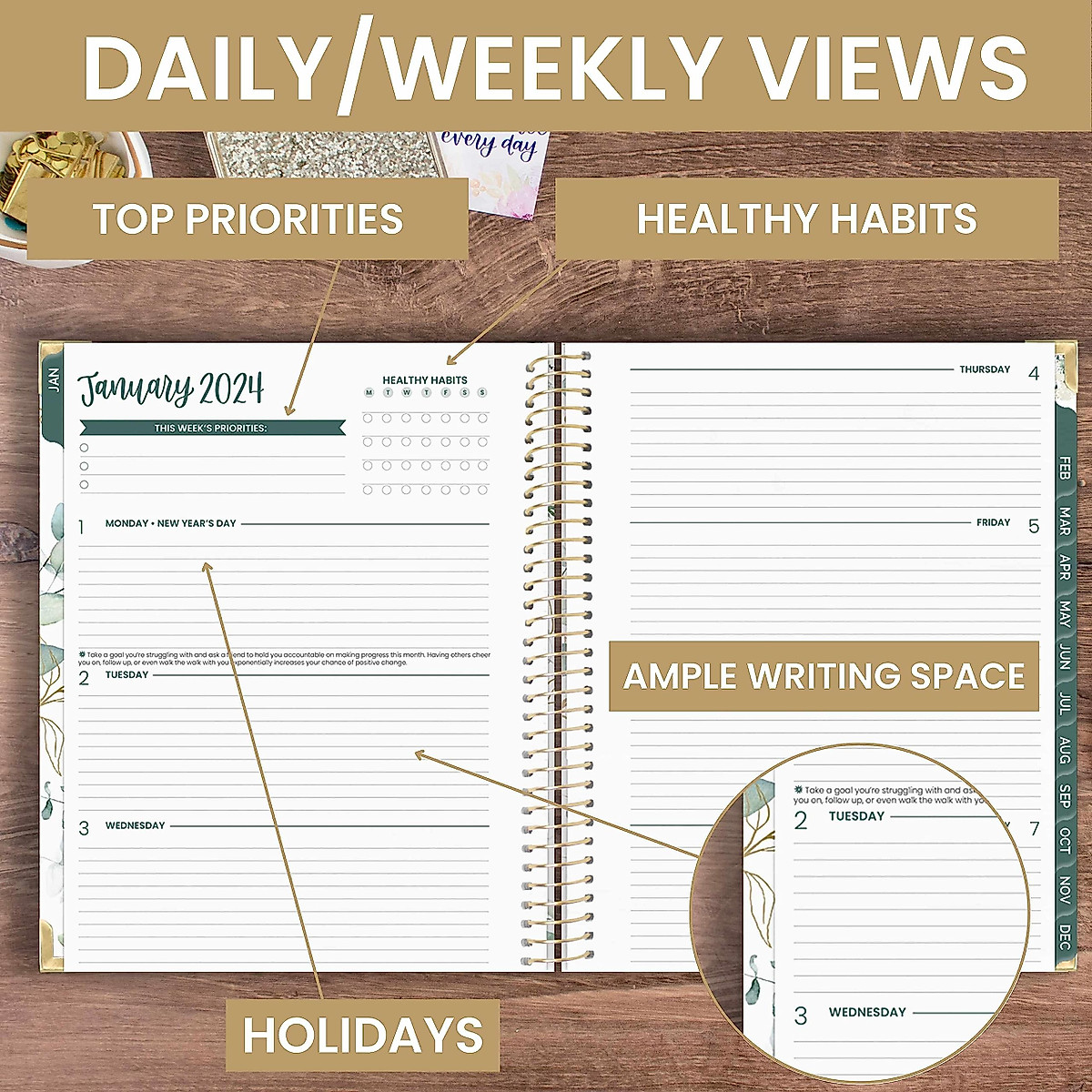 HARDCOVER bloom daily planners 2024 (8.5" x 11") Calendar Year Day Planner (January 2024 - December 2024) - Passion/Goal Organizer - Monthly & Weekly Inspirational Agenda Book - Eucalyptus