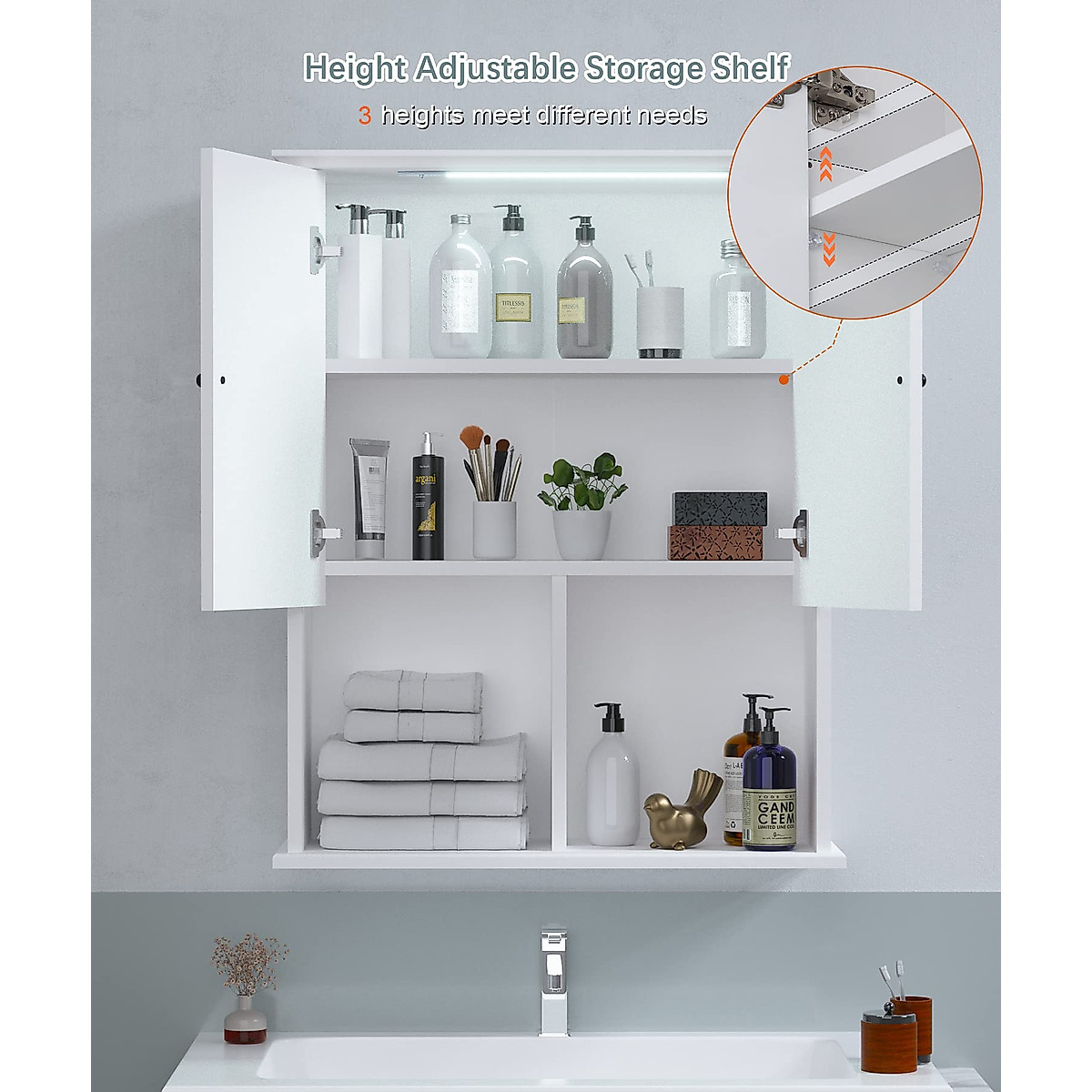 HAIOOU Bathroom Wall Cabinet with Motion Sensor LED Light, Wooden Medicine Cabinet Wall Mounted Cupboard, Over Toilet Storage Cabinet with Buffering Hinges and Adjustable Shelf - Modern White