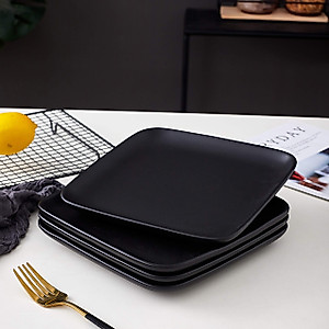 Bruntmor 8" Ceramic Appetizer Plates | Serving Platter | Set of 4, Square Black Simple Modern Ceramic Salad/Dessert Plates | Christmas Dinner Plates Set | Christmas Dinnerware or Thanksgiving
