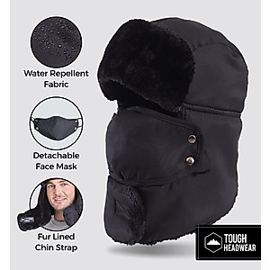 Tough Headwear Winter Trapper Hat with Mask - Russian Ushanka Trooper Aviator Hats for Men & Women -Snow Eskimo Hat with Ear Flaps for Cold - Full Black