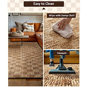 SUMGAR Neutral 100% Jute Rug 8x10 Ft Hand Woven Boho Area Rug Fiber Braided Checkered Large Carpet Home Decor for Living Room Bedroom Dining Room