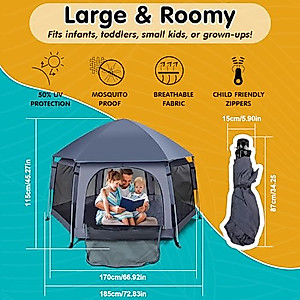 Premium Indoor and Outdoor Baby Playpen - Portable, Lightweight, Pop Up Pack and Play Toddler Play Yard w/Canopy and Travel Bag - Grey