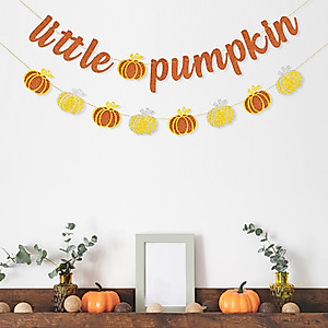 Uniwish Little Pumpkin Banner for Pumpkin Themed Baby Shower Decorations Garland Pumpkin Orange Glitter Thanksgiving Fall Harvest Kids Birthday Party Supplies