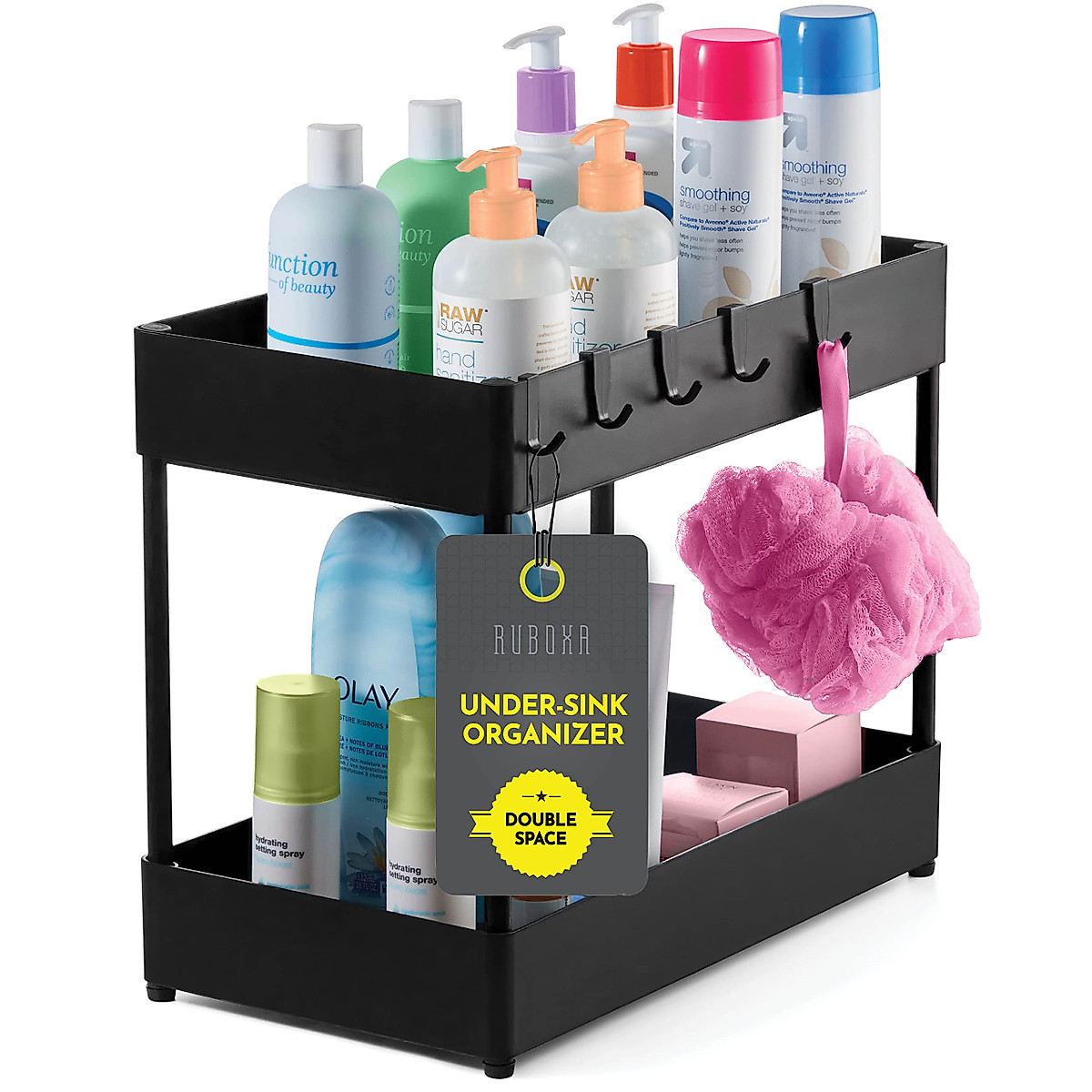 Space-Saving 2-Tier Under Sink Organizer and Storage with 6 Strong Hooks, Easy-Assemble, Under Cabinet Organizer, Durable, Big Capacity, Modern Storage Baskets for Bathroom, Kitchen, Etc. (Black)
