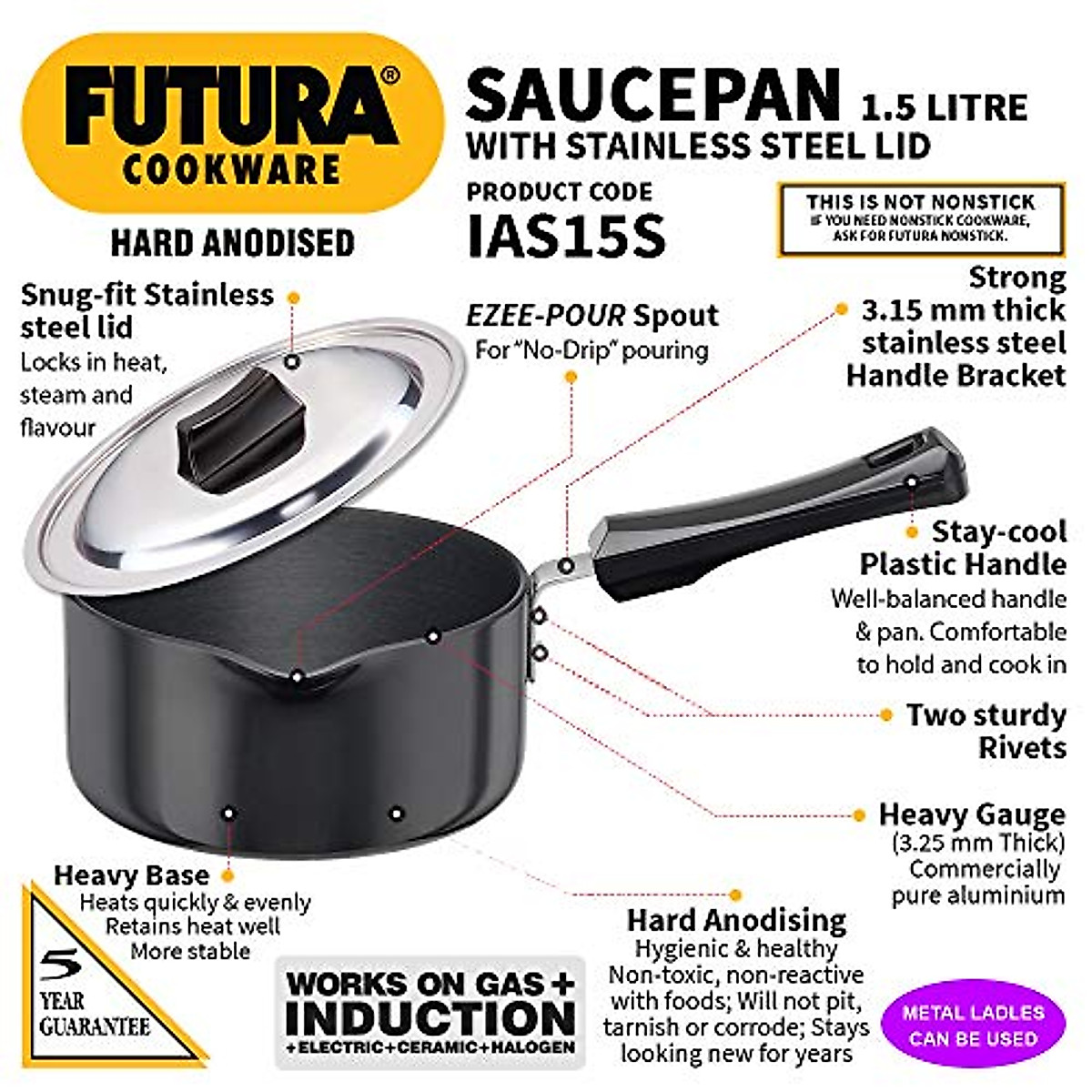 Hawkins Futura Hard Anodised Induction Compatible Saucepan with Stainless Steel Lid, Capacity 1.5 Litre, Diameter 16 cm, Thickness 3.25 mm, Black (IAS15S)