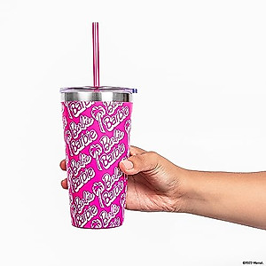 Dragon Glassware x Barbie Tumbler, Stainless Steel Vacuum Insulated Travel Tumbler, Comes with Lid, Pink & Clear Straws, Keeps Drinks Hot Or Cold, Dishwasher Safe, Fits in Cup Holders, 16 oz Capacity