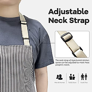 Ayla home 2 Pcs Aprons for Women with Pockets, Adjustable Neck Strap, Polycotton Chef Aprons for Men, for Kitchen Cooking Restaurant BBQ Painting Crafting (Black Broad Stripes/Brown Pinstripes)