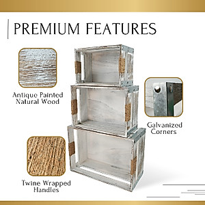 Gozo Wooden Storage Crates Set of 3 – Rustic Farmhouse Nesting Crates with Handles – Wood Boxes for Crafts – Decorative Storage Crate – Farmhouse Decor for Living Room, Bathroom, Kitchen & Bedroom