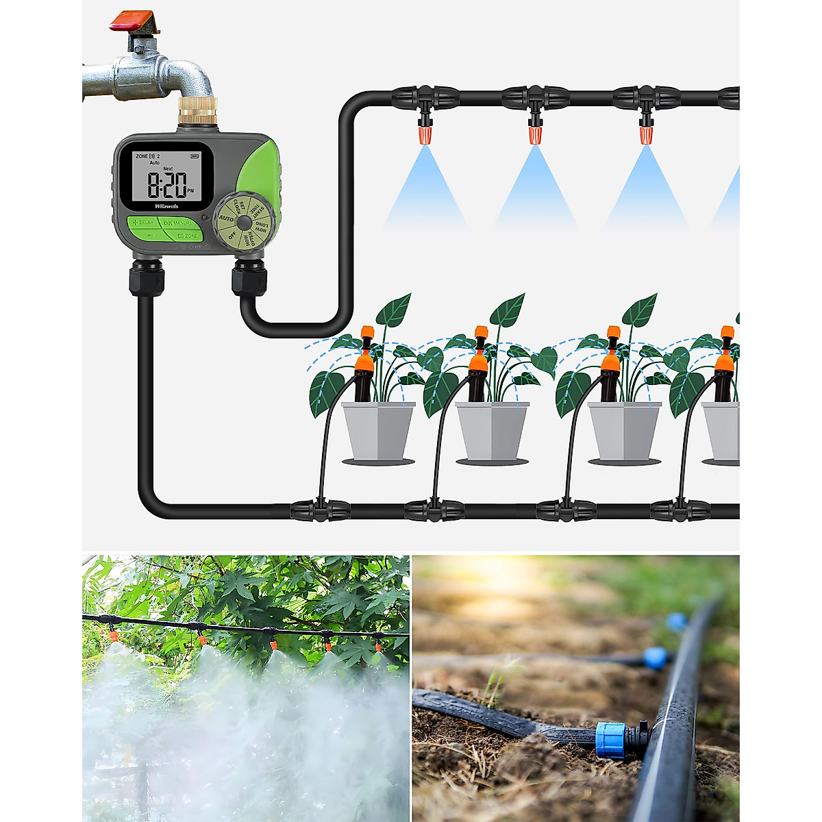 WILAWELS Brass Sprinkler Timer 2 Zone, Programmable Garden Water Timer, Automatic Irrigation Timer with Rain Delay/Manual/Auto Mode, Waterproof and Leak-Proof, for Yard, Garden, Lawn, 2 Outlet B12WT06