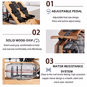 LuusMm Water Resistance Rowing Machine for Home Gym Fitness, Classic Wooden Water Rowing Machine with Monitor for Full Body Exercise Cardio Training,Brown
