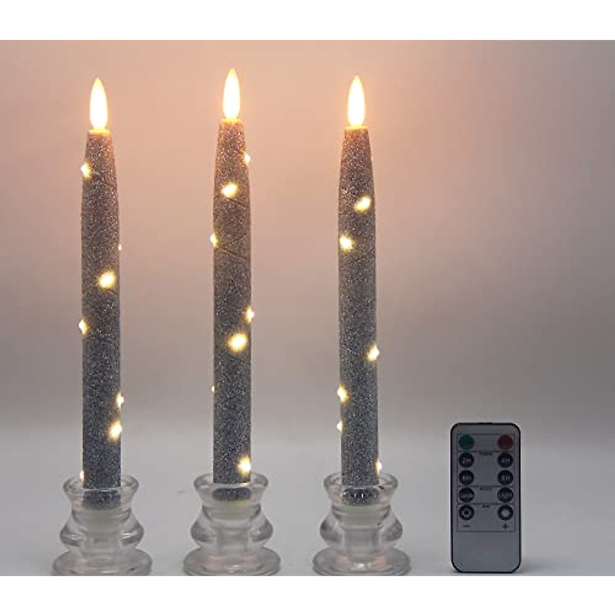 CFDECOR Flameless Glitter Taper Candles with Embedded String Lights, Battery Operated Candle with Timer & Remote, LED Tapered Dinner Candle. for Xmas, Dining, Wedding Décor,Set of 3 (Silver) H: 10"