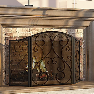 Fire Beauty Fireplace Screen 3 Panel Wrought Iron Metal 48"(L) x30(H) Spark Guard Cover(Black)