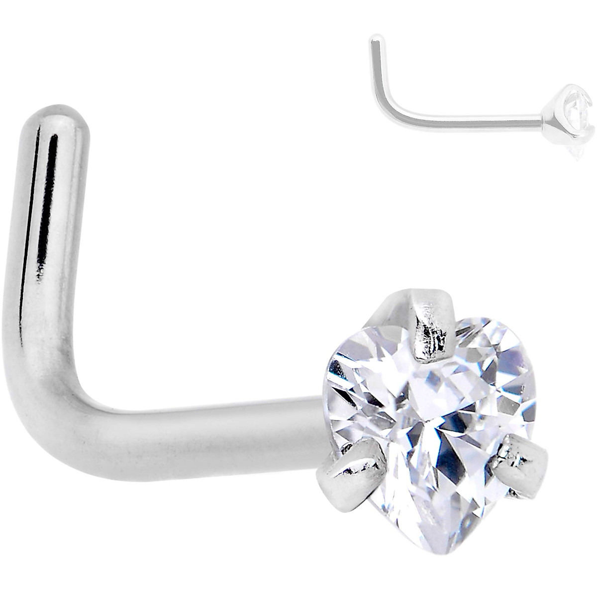 Body Candy 20G 6mm Womens Grade 23 Titanium 3mm Clear Heart Accent L Shaped Nose Ring Nose Stud 1/4"