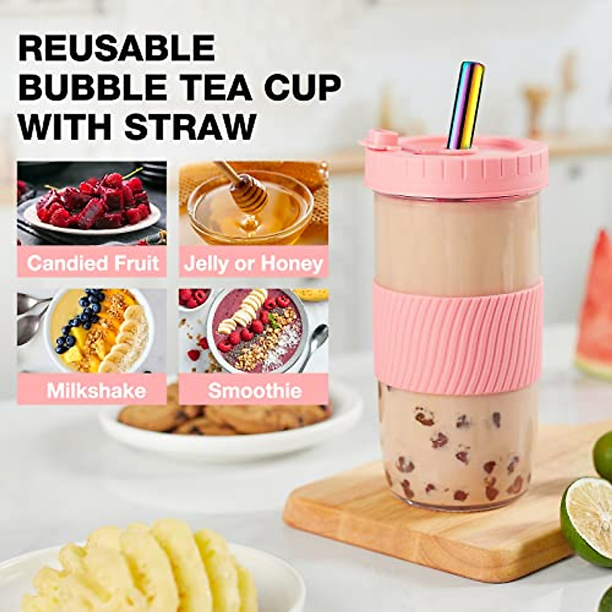 Mfacoy (4 Pack x 2 Size Boba Cup, 24oz & 16oz Bubble Tea Cup, Smoothie Cups with Lids and Stainless Straws, Reusable Boba Cup, Wide Mouth Mason Jar Drinking Glasses with Silicone Sleeve for Travel