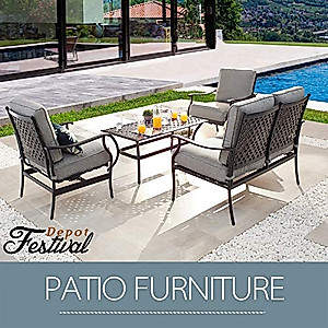 Festival Depot 4pc 4 Seats Patio Conversation Outdoor ArmChairs Loveseat Set with Coffee Table Fabric Metal Frame Furniture Garden Bistro Seating Thick Soft Cushions (Blue)