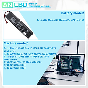 RC30-0270 RZ09-0270 Laptop Battery for Razer Blade 15 Base 2018 2019 GTX 1660 Ti RZ09-02705E76 RZ09-02705E76-R3U1 RZ09-02705E75-R3U1 RZ09-0300 RZ09-03006 RZ09-03009 RZ09-03006E92 RZ09-03009E97 65Wh
