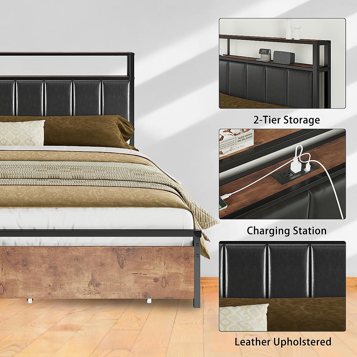 amerlife LED Bed Frame with Drawers, Queen Platform Bed Frame with 2-Tier Storage & Leather Upholstered & Charging Station Headboard, No Box Spring Needed, Easy Assembly, Noise Free, Rustic Brown