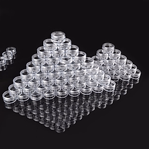 200 PCs 5 Gram Empty Plastic Cosmetic Samples Container for Make Up, Eye Shadow, Nails, Powder, Gems, Beads, Jewelry, Cream Small Clear Pot Jars with Lids