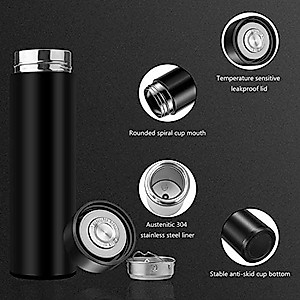 Smart Vacuum Insulated Water Bottle with Automatic LED Temperature Display, Large Flask 500 ML Stainless Steel Drinking Cup (Black)
