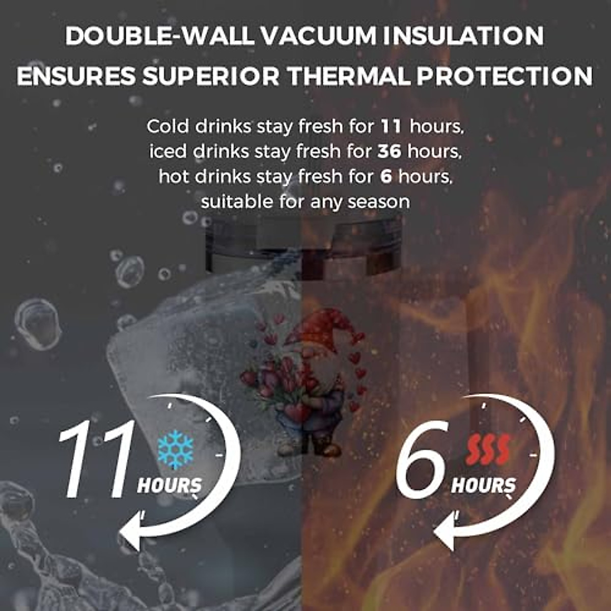 LB LEOBON 40 ounce insulated cup with handle, double-layer vacuum stainless steel material, equipped with straw, can keep warm or maintain cold drinks Gnome Love Bouquet J grey