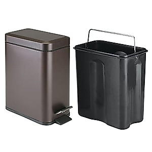 mDesign Small Modern 1.3 Gallon Rectangle Metal Lidded Step Trash Can, Compact Garbage Bin with Removable Liner Bucket and Handle for Bathroom, Kitchen, Craft Room, Office, Garage - Bronze