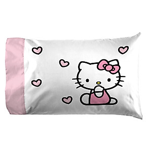 Jay Franco Hello Kitty Pink Stripes & Hearts Twin Size Sheet Set - Super Soft 3 Piece Bedding Set - Microfiber Sheets Include Reversible Pillow Cover