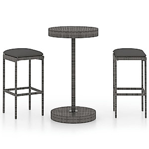 YUHI-HQYD 3 Piece Patio Bar Set with Cushions,Afternoon Tea Suit,Conversation Furniture,Balcony Bar,Perfect for Patio, Garden, Porch,Family Room,Sitting Area, Poly Rattan Gray