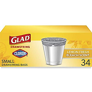 Glad Small Drawstring Trash Bags with Clorox, 4 Gallon Grey Trash Bags, Lemon Fresh Bleach Scent, 34 Count (Package May Vary)