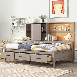 Ball & Cast Twin Daybed with Storage Shelves and 3 Drawers,Bed Frame W/USB Ports,Sliding Doors & Cork Board,for Bedroom,Guest Room,Apartment,Antique Gray