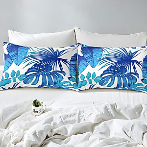 Erosebridal Palm Leaf Bedding Set Banana Leaf Duvet Cover Monstera Tropical Leaf Quilt Cover Hawaiian Blue Comforter Cover for Adult, Room Decoration 1 Duvet Cover with 2 Pillow Cases King Size