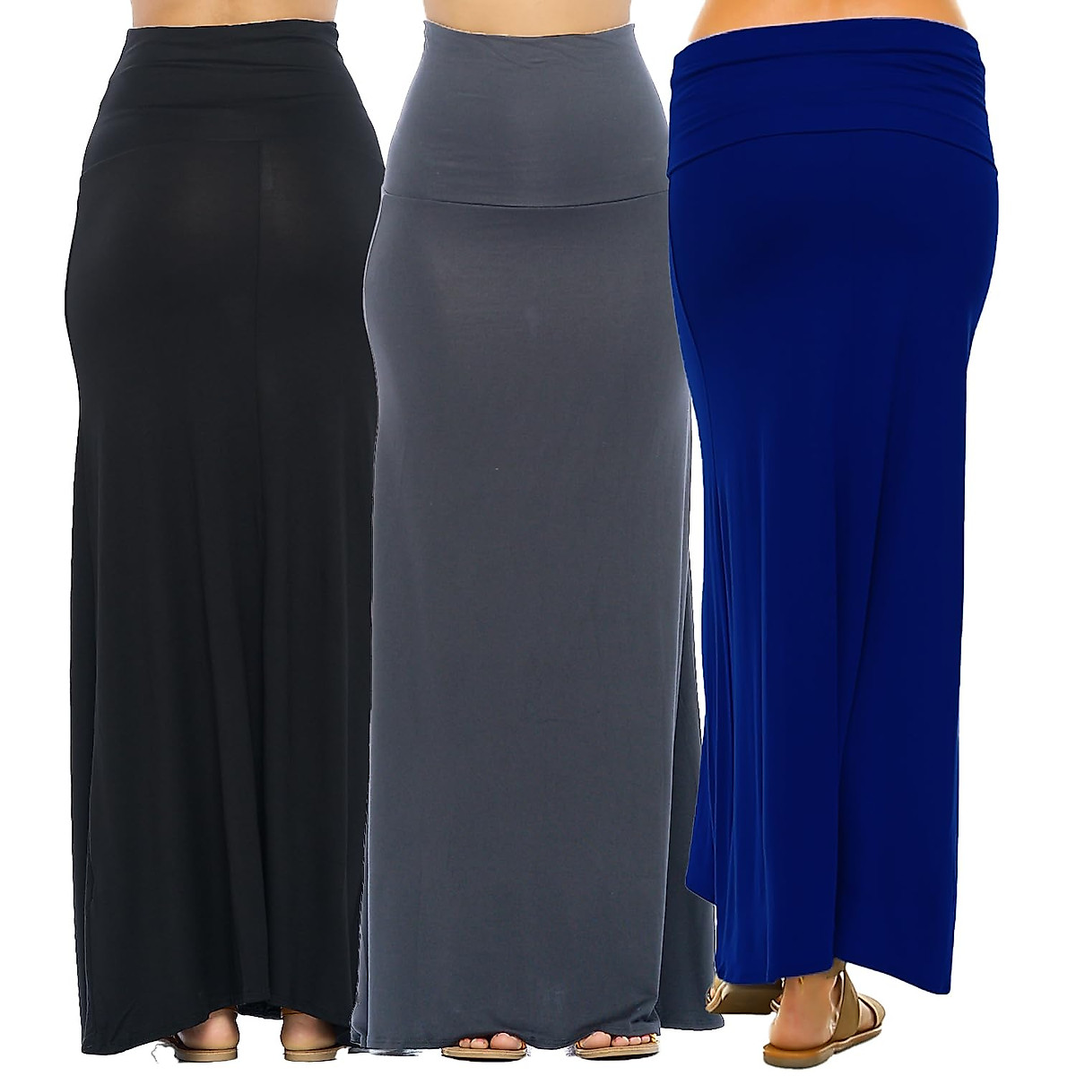 Isaac Liev Women's Pack of 3 Maxi Skirts for Women – Long Flowy Skirt Banded High Waist Band – 0013 BLK, DK GRAY, NV L