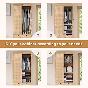 Brafab 74" Natural Rattan Woven Wardrobe Armoire Closet with Hanging Rod, Natural Wooden Armoires Storage Cabinet with Large Drawers and Adjustable Shelves, Tall Freestanding Wooden Closet for Bedroom