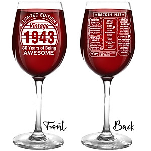 QUPT 80th Birthday Gifts for Men Women Friends, Vintage 1943 Printed 16oz Stemmed Wine Glass - Double-sided Printing Birthday Wine Glass - Back in 1943 Old Time Information