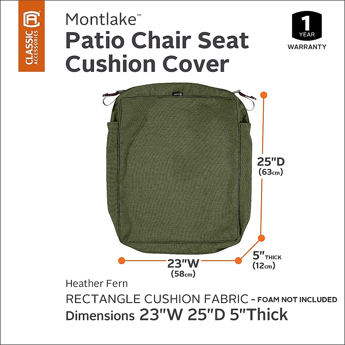 Classic Accessories Montlake Water-Resistant 23 x 25 x 5 Inch Rectangle Outdoor Seat Cushion Slip Cover, Patio Furniture Chair Cushion Cover, Heather Fern Green, Patio Furniture Cushion Covers
