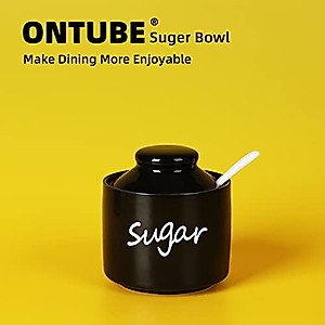 ONTUBE Ceramic Sugar Bowl with Lid and Spoon,Porcelain Sugar Pot,8oz (Black)
