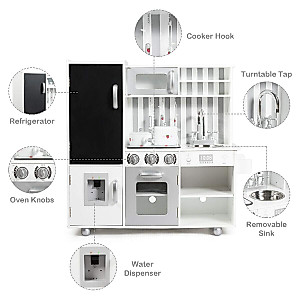 Costzon Kids Kitchen Playset, Wooden Pretend Chef Cooking Set with Simulated Sound, Accessory Utensils, Fringe, Blackboard, Water Dispenser, Oven, Sink, Toddler Kitchen Toy Set Gift for Boys Girls 3+