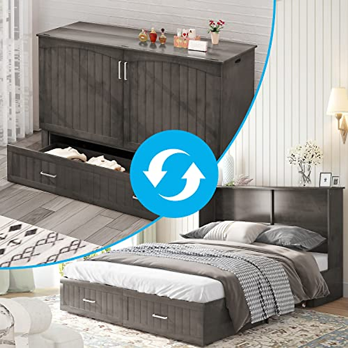 Mjkone Murphy Bed with Folding Memory Foam Mattress, 81" W Cabinet Bed with USB Charging Station, Queen Murphy Cabinet Chest Bed Has 2 Large Drawers Use for Living Room/Bedroom (Queen Grey)