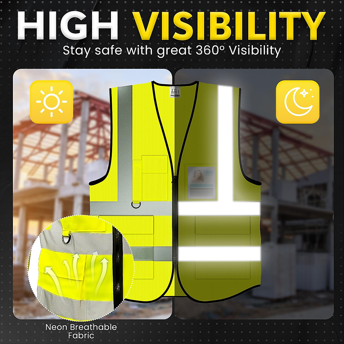 PeerBasics Safety Vest 10 Pack, Yellow, ANSI Class 2, Reflective, For Men Women Unisex, With Pockets Zipper, Breathable Mesh (Large)