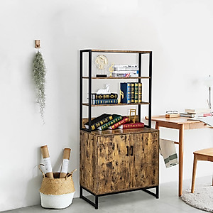 VINGLI Bookshelf with Storage Cabinet, Tall & Wide Industrial Bookcase with 2 Doors & 3-Tier Shelves for Living Room/Bedroom/Office (Rustic Brown, 30'' x 16'' x 69'')