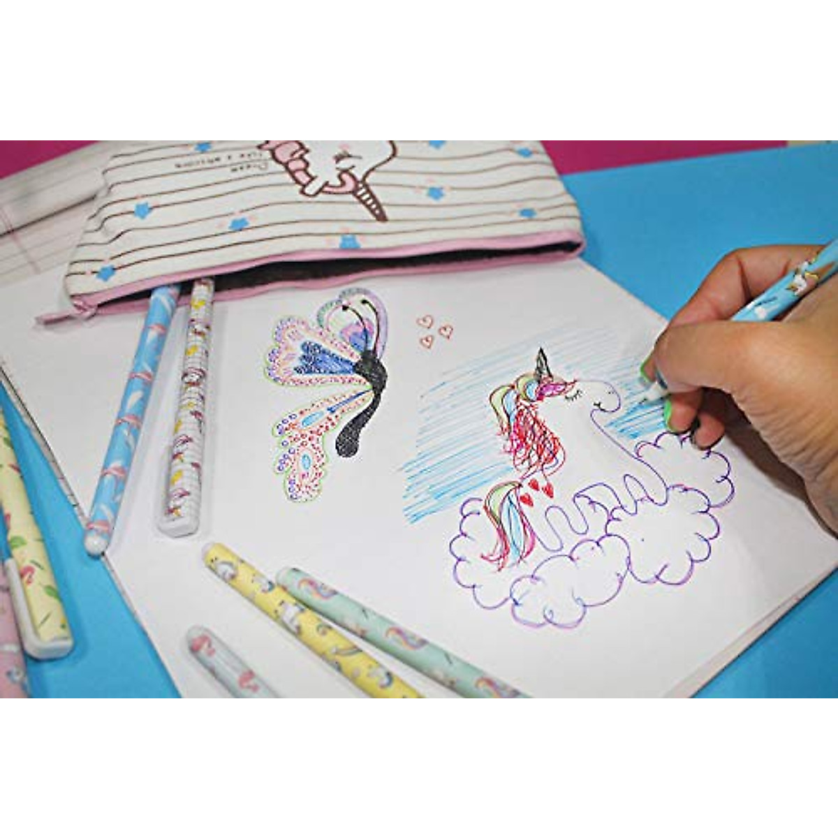 Cutieyou Unicorn Flamingo Gel Ink Pens 10 pcs + Unicorn Pencil case, fine Point 0.5mm Pen – Unicorn gift for girls