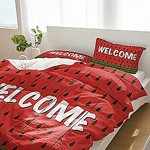 3 Pieces Queen Bedding Duvet Cover Sets,Summer Fruit Watermelon Texture Ultra Soft Bed Set with 2 Pillow Shams for Bedroom Green Stripe and Red on Wood,Luxury Washed Quilt Covers for All Season